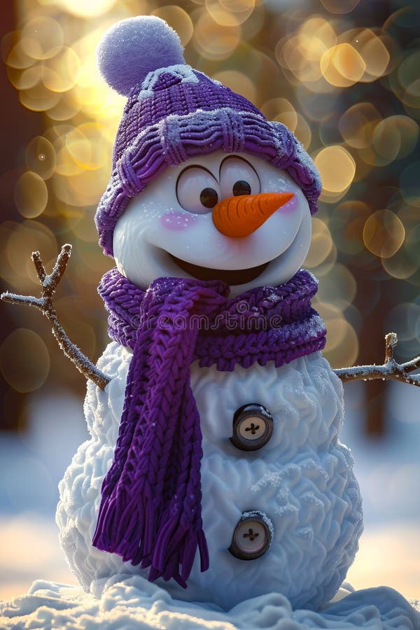 A Snowman Wearing a Purple Scarf and Hat Stock Image - Image of ...