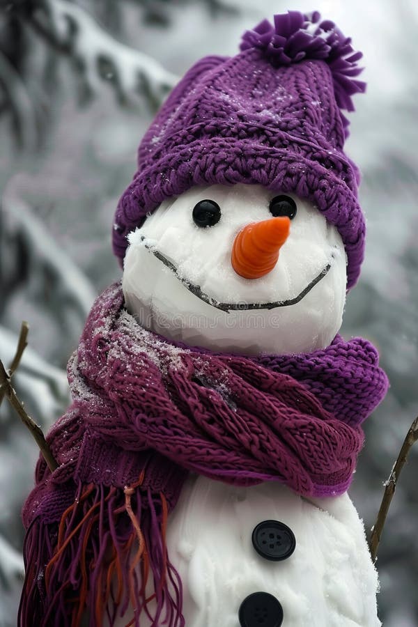 A Snowman Wearing a Purple Scarf and Hat Stock Photo - Image of winter ...