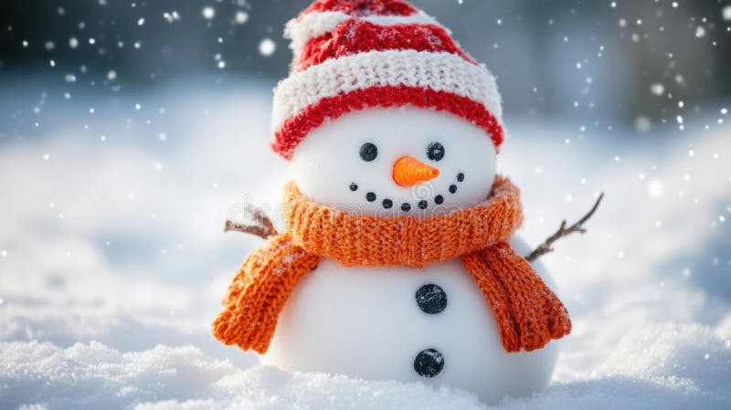 A Snowman Wearing a Red and White Hat with an Orange Scarf, AI Stock ...