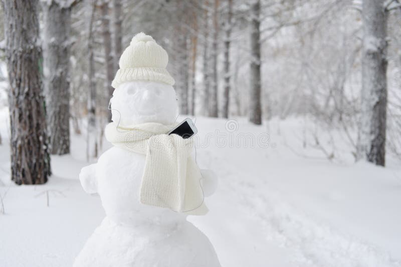 Snowman in Winter Park Using Smart Phone. Stock Image - Image of music ...