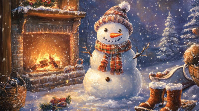 A Snowman in a Winter Scene with Boots and Fire Place, AI Stock Photo ...