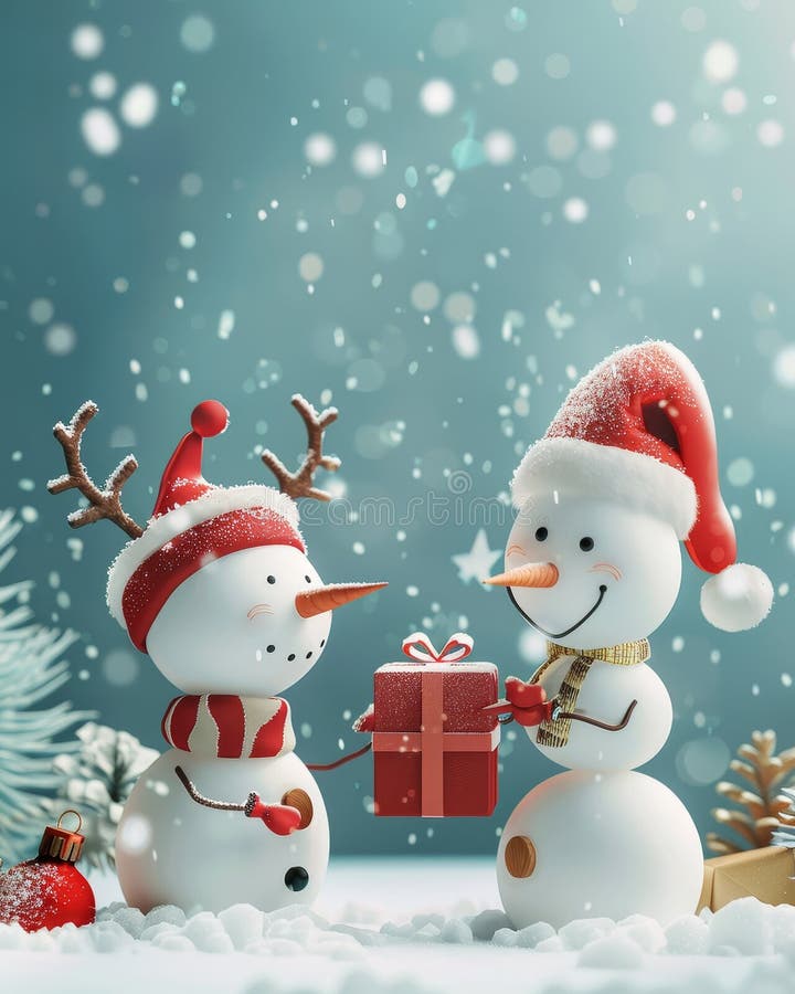 Snowmen Figurines Exchanging a Gift Holiday Scene with Snow and ...