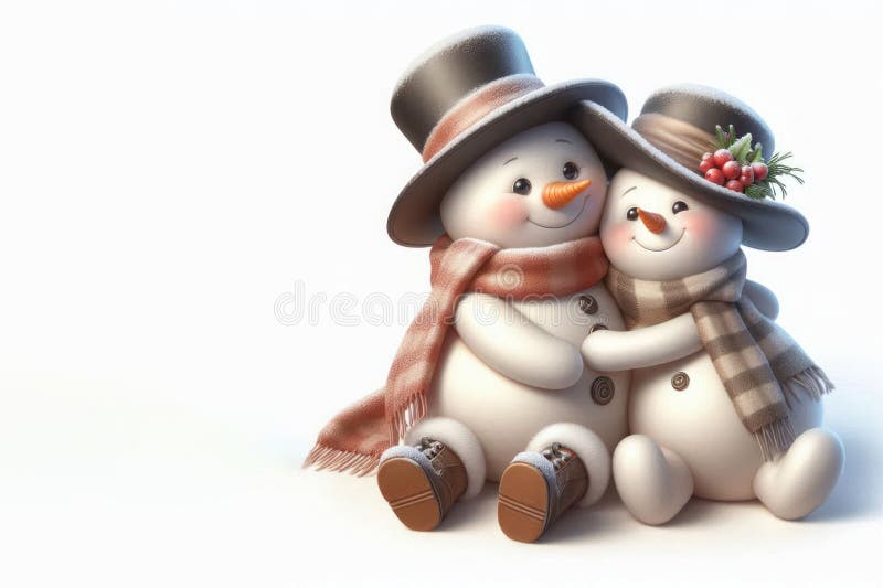 Snowmen in Hats and Scarves Hugging. Space for Text. Stock Photo ...