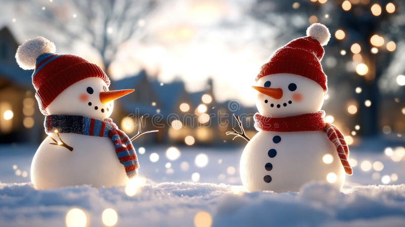 Snowmen in Snowy Landscape with Festive Lights Create Joyful Winter ...