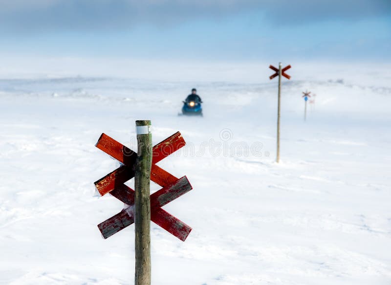 Snowmobile on Track in Winter Scene Stock Image - Image of adventure ...