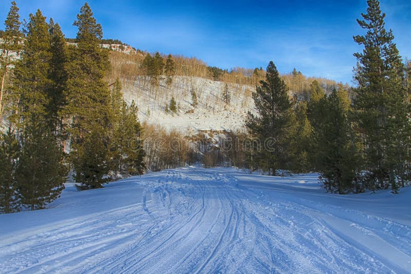 Snowmobile Tracks on Lake in Snow, Boy Standing Stock Image - Image of ...