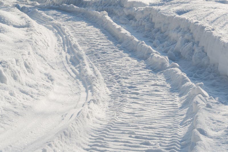 Snowmobile Tracks on Lake in Snow, Boy Standing Stock Image - Image of ...