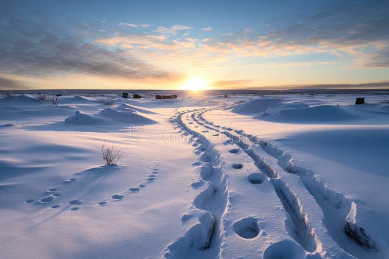 Snowmobile Tracks Leading To a Remote Arctic Campsite Stock ...