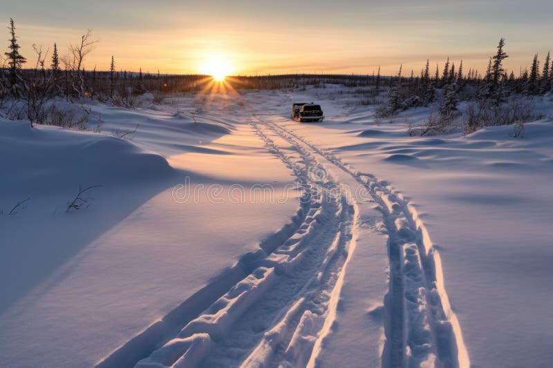 Snowmobile Tracks Leading To a Remote Arctic Campsite Stock ...