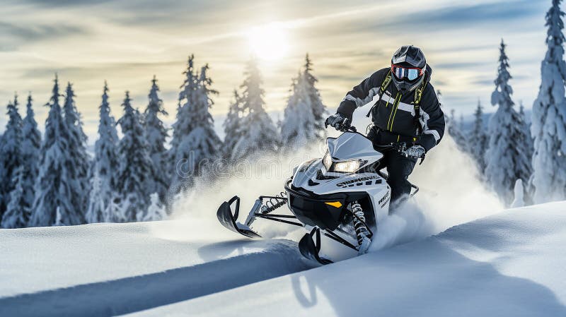 A Snowmobiler Races Along a Trail, Surrounded by Snow-covered Trees ...