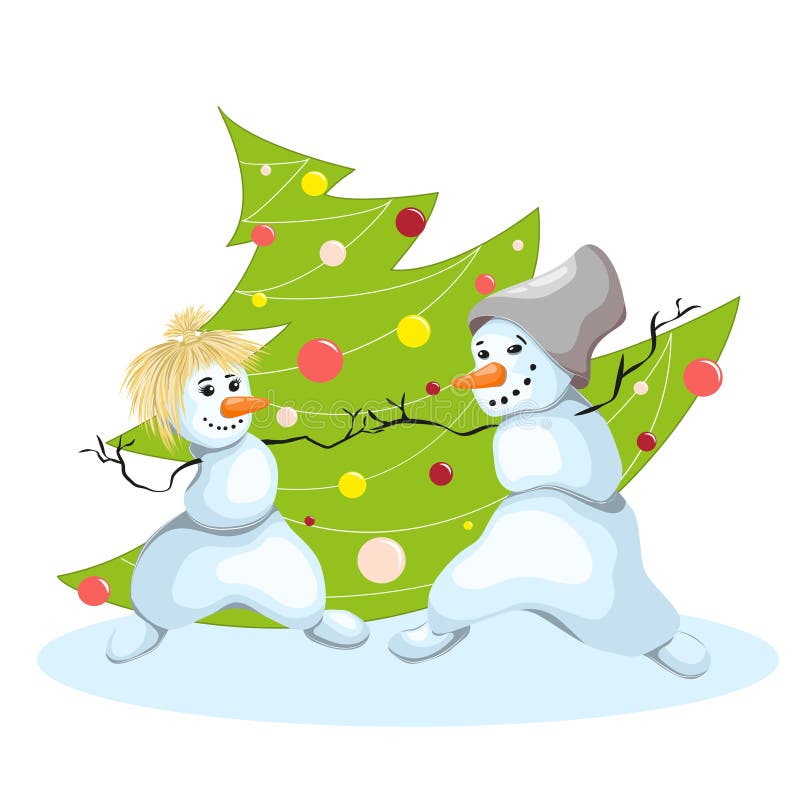 Funny Dancing Snowmen with Christmas Tree Stock Vector - Illustration ...