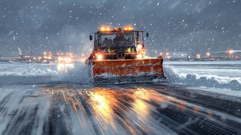 Snowplow Clearing Runway at Night in Snowy Conditions Stock ...