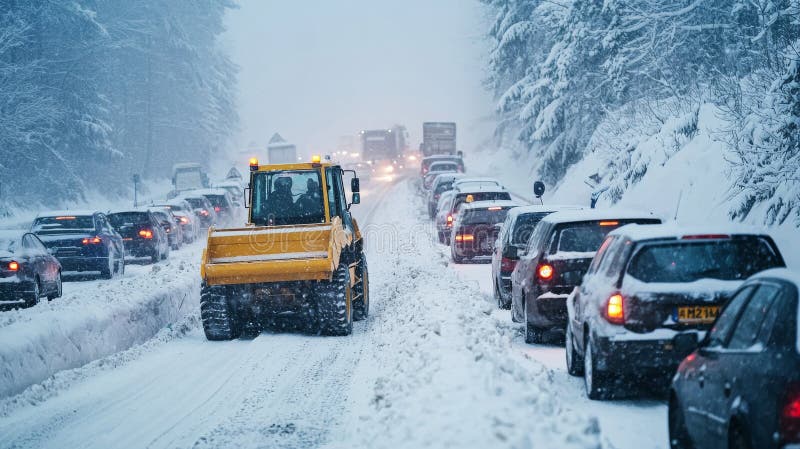 Snowplows Clear a Snowy Road during a Winter Storm. Stock Image - Image ...