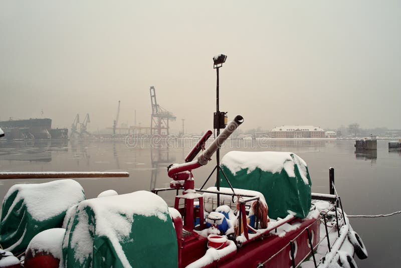 Snowstorm in the port. stock photo. Image of danzig, poland - 17447852