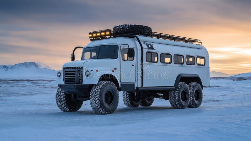 Snowy Adventure Bus with Big Wheels Stock Photo - Image of design ...
