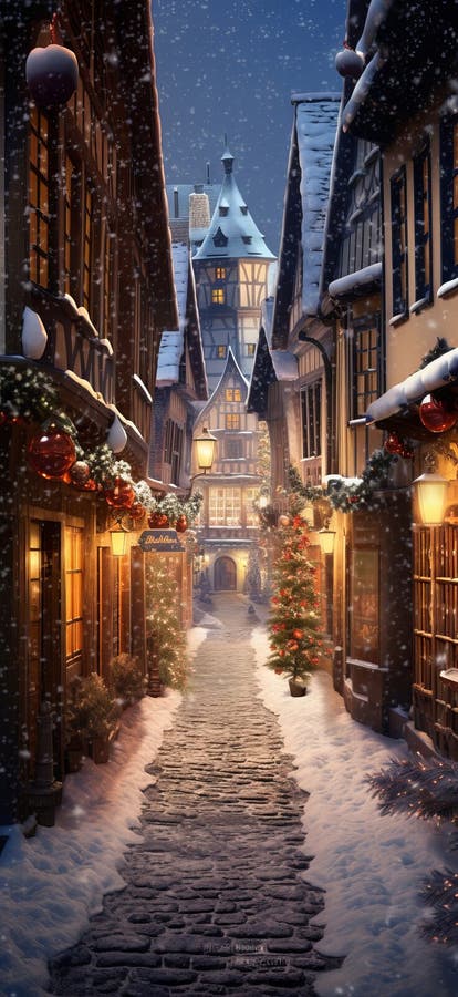 A Snowy Alleyway with Trees and Lights Stock Illustration ...