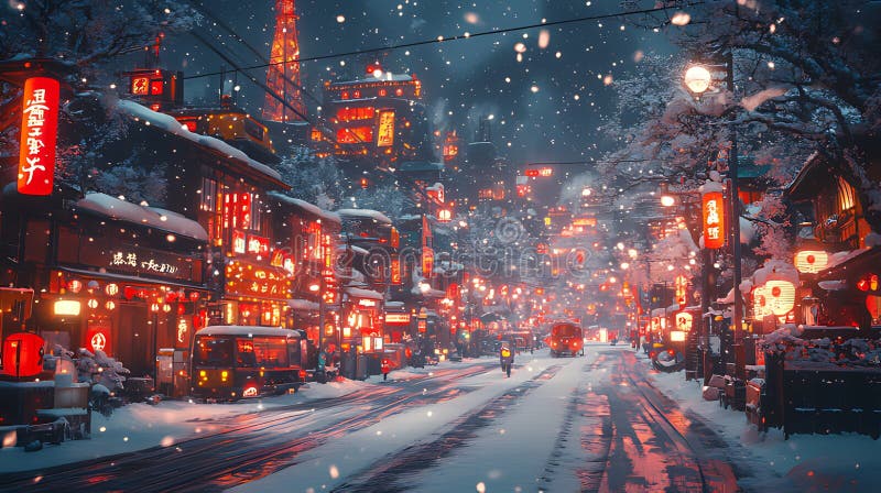 Snowy Asian Street Scene at Night, Lanterns Glowing Stock Illustration ...
