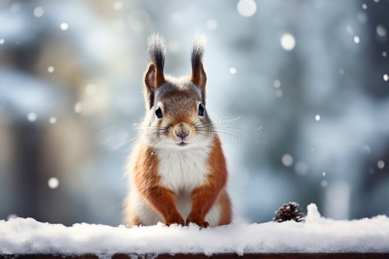 Snowy Backdrop Frames a Cute Squirrel with Space for Text Stock ...