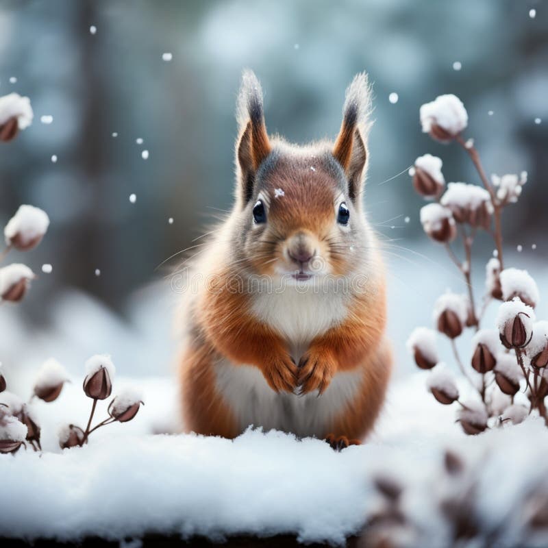 Snowy Backdrop Frames a Cute Squirrel with Space for Text Stock ...