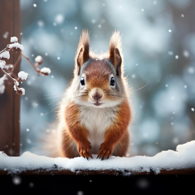 Snowy Backdrop Frames a Cute Squirrel with Space for Text Stock ...