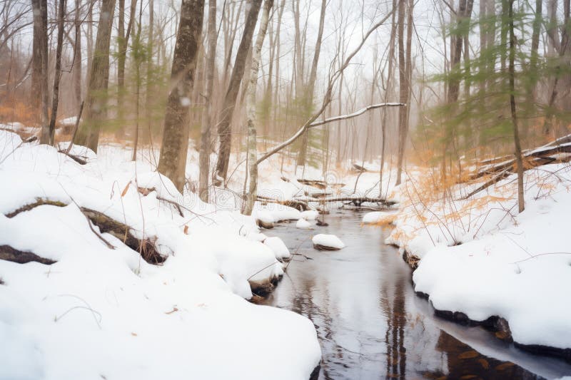 Snowy Banks Flanking a Narrow Forest Brook Stock Image - Image of ...