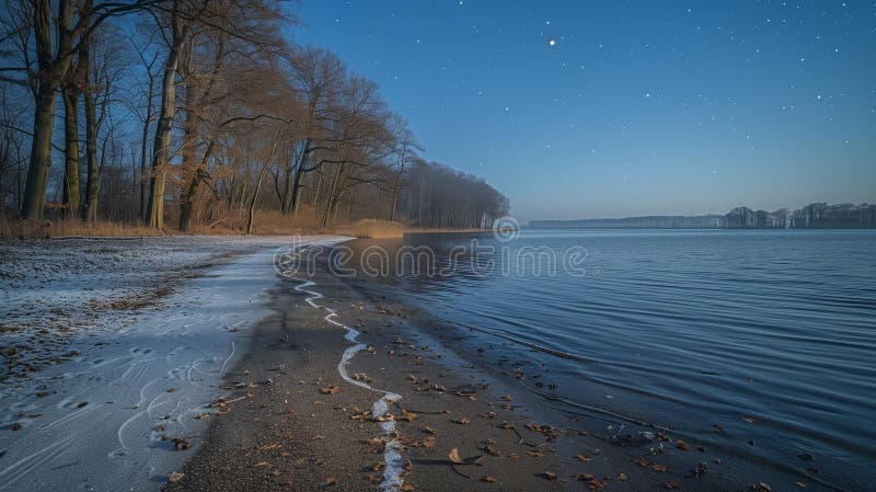 Snowy Beach by the Lake with Trees in the Background Under the Sky ...