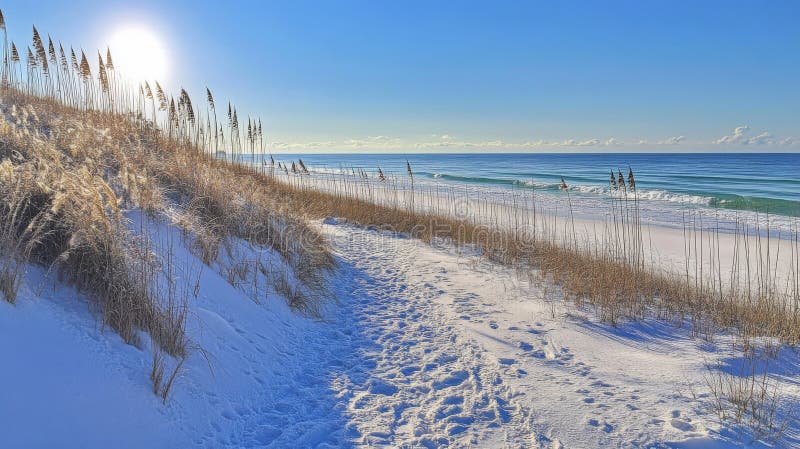 Snowy Beach Path Leading To Ocean Waves Stock Illustration ...