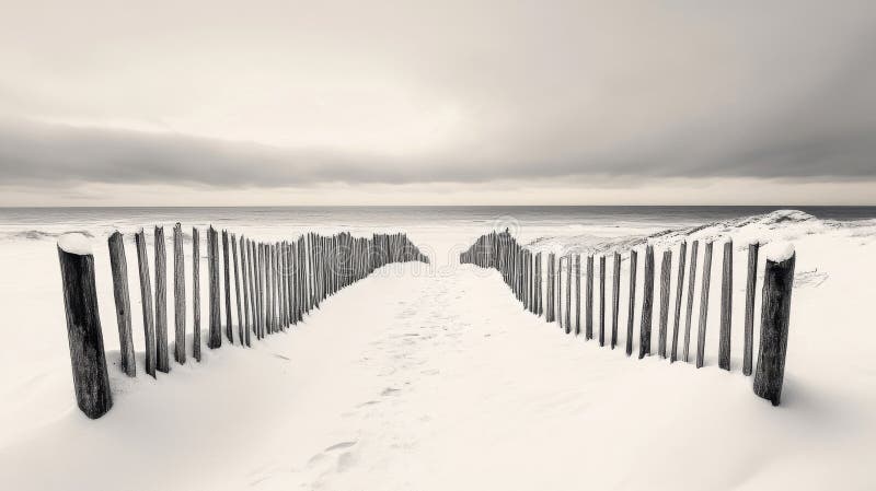 Snowy Beach Path, Monochrome Winter Seascape Stock Illustration ...