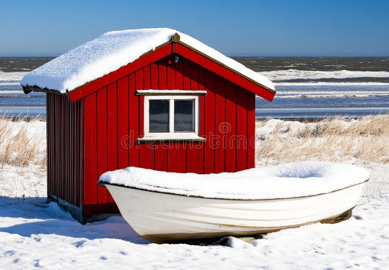 Snowy Beach Scene with Red Cabin and White Boat High Quality Image ...