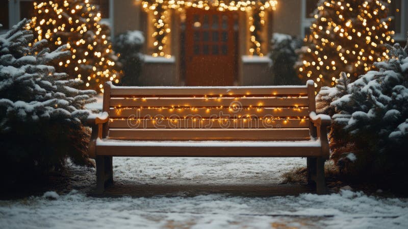 Snowy Bench with Christmas Lights and Pine Trees Stock Illustration ...