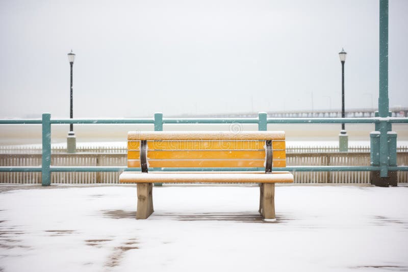 Snowy Bench at End of a Pier Overlooking Water Stock Image - Image of ...