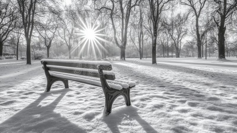 A Snowy Bench in a Sun-Dappled Winter Forest Stock Illustration ...