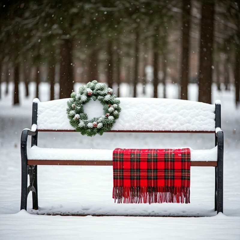 Snowy Bench with Wreath and Blanket Stock Illustration - Illustration ...