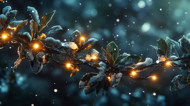 Snowy Branch with String Lights and Falling Snow Stock Illustration ...