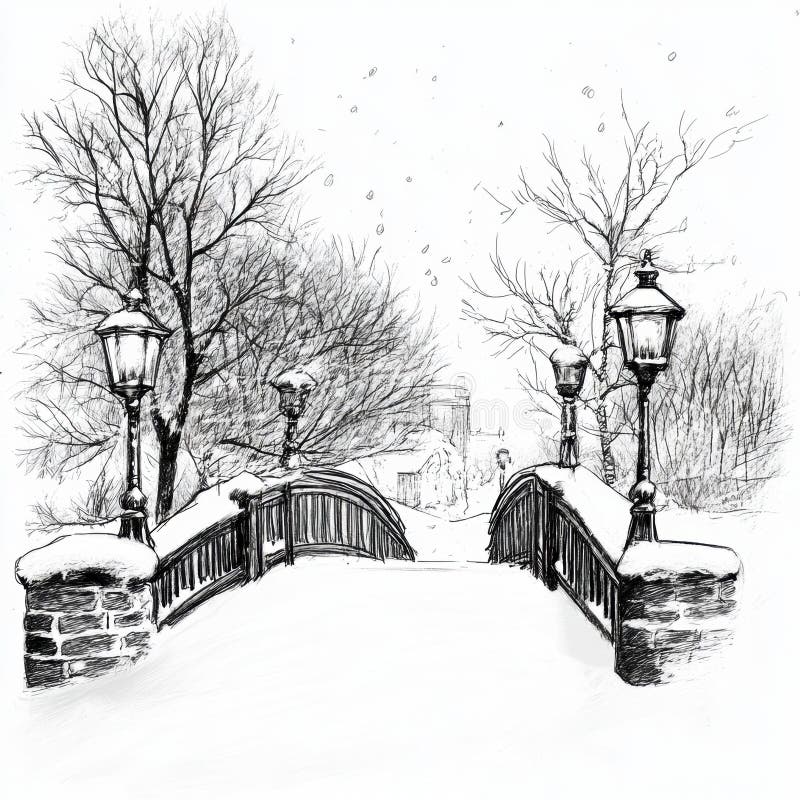 Snowy Bridge Scene with Lanterns and Bare Trees in Winter Stock ...
