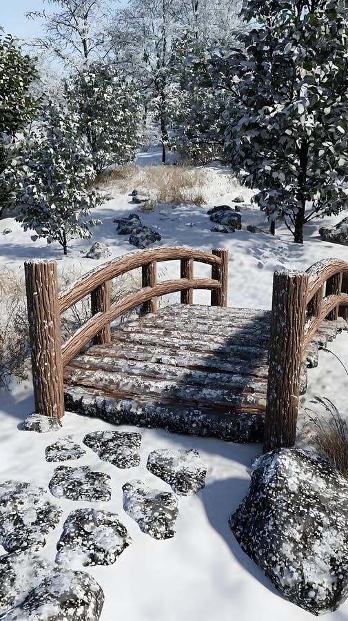 Snowy Bridge in a Serene Winter Landscape Stock Illustration ...