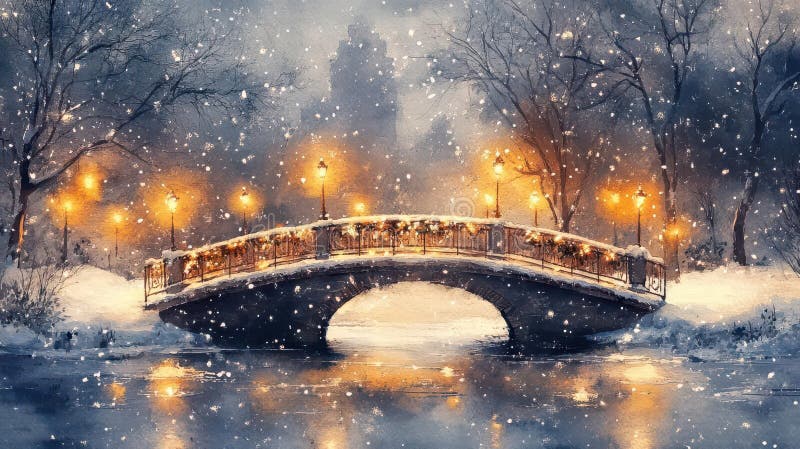 Snowy Bridge with Warm Lights in Winter Landscape Stock Illustration - Illustration of park ...