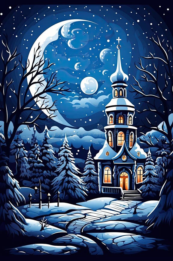 A Snowy Building with a Tower and Trees Stock Illustration ...