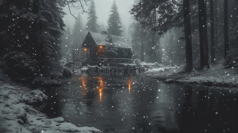 Snowy Cabin in a Dark Forest by a Reflective River Stock Illustration ...