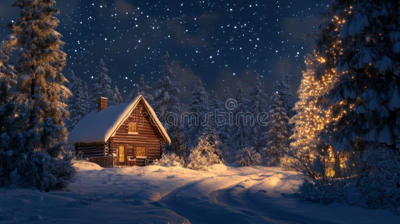 A Snowy Cabin Illuminated by Christmas Lights in a Starry Night Forest ...