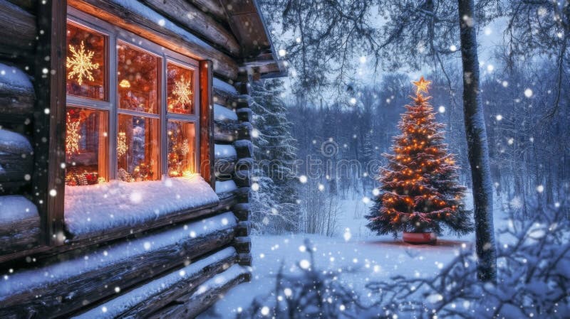Snowy Cabin with Illuminated Christmas Tree and Window Decorations ...