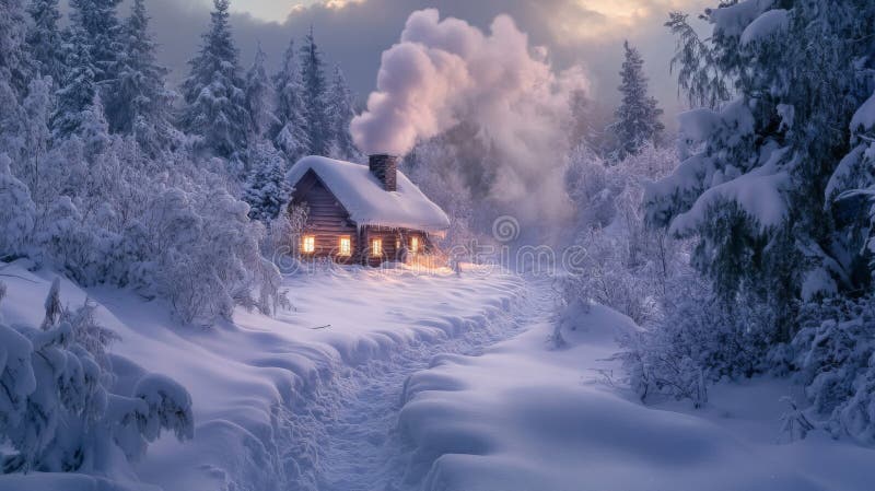 A Snowy Cabin with Smoke Rising from Its Chimney in a Winter Forest ...