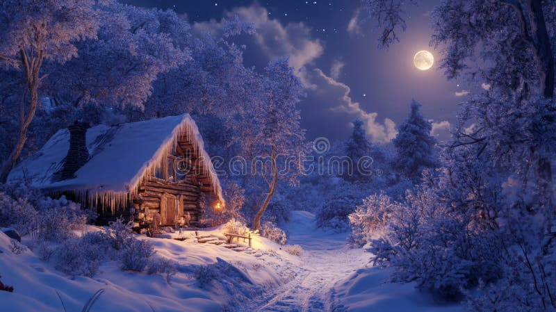 Snowy Cabin in a Winter Forest Under a Full Moon Stock Illustration ...