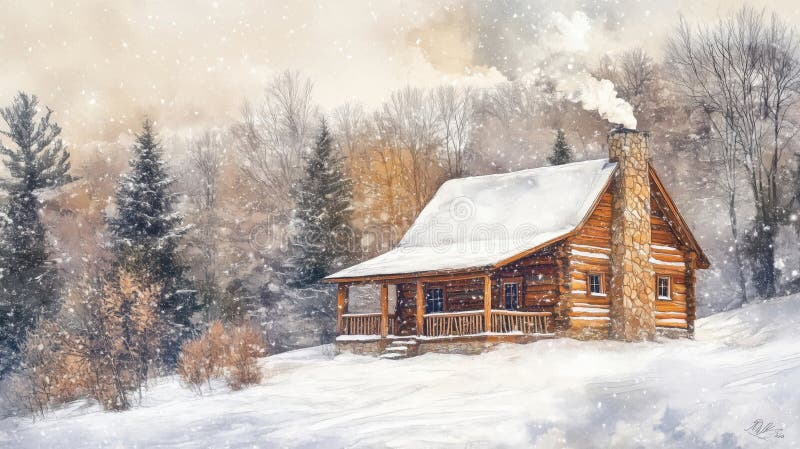 Snowy Cabin in Winter Landscape, Log Cabin Surrounded by Trees, Smoke ...