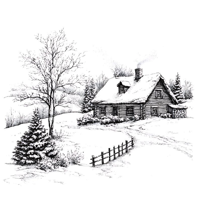 Snowy Cabin in Winter Landscape, Pen Sketch Stock Illustration ...