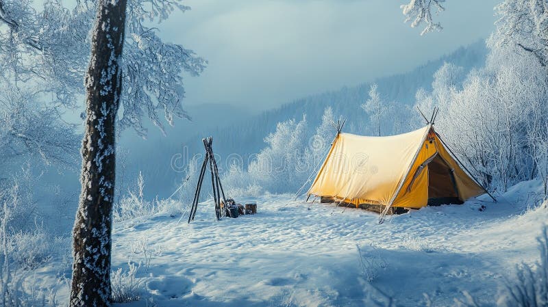 Snowy Camp, Frost-covered Tent, Winter Off-grid . Stock Photo - Image ...