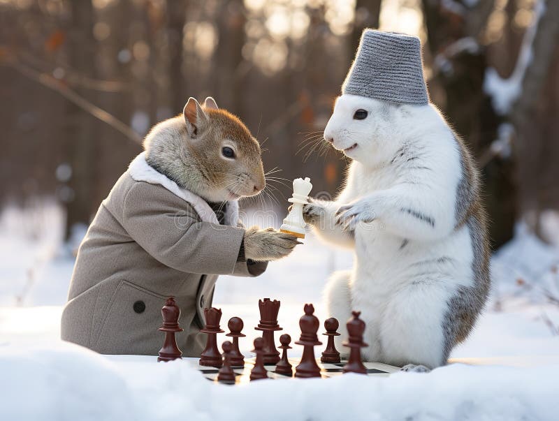 Snowy Chess Rivals: Two Playful Squirrels Engage in a Game of Wits ...