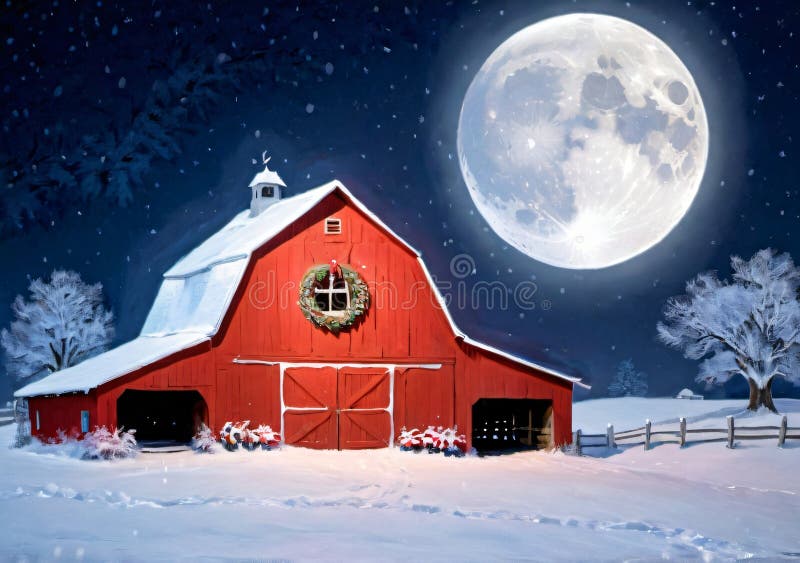 A Snowy Christmas Barn Scene, at Full Moon Night. Generative AI Stock ...