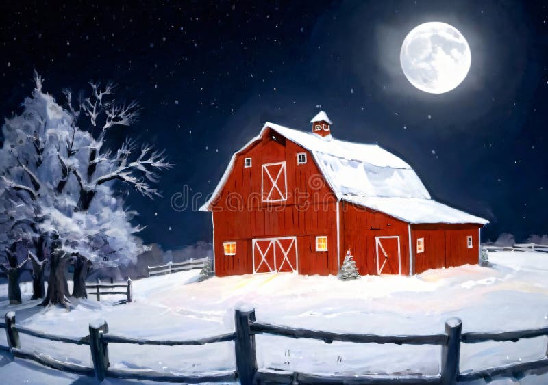 A Snowy Christmas Barn Scene, at Full Moon Night. Generative AI Stock ...