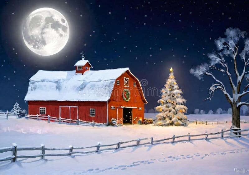 A Snowy Christmas Barn Scene, at Full Moon Night. Generative AI Stock ...